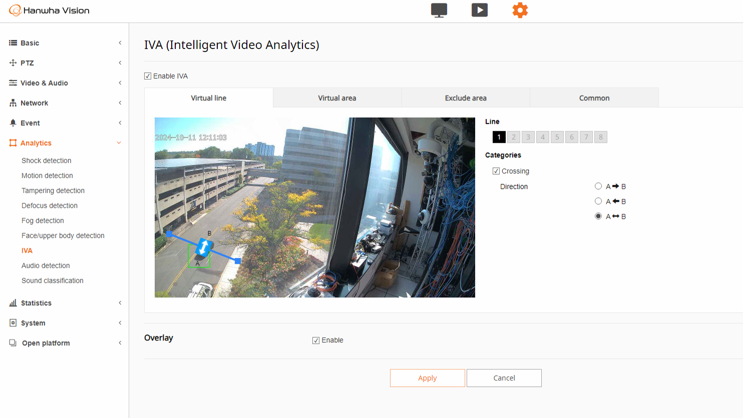 Camera: IVA Line Crossing configuration – Hanwha Vision Support Portal